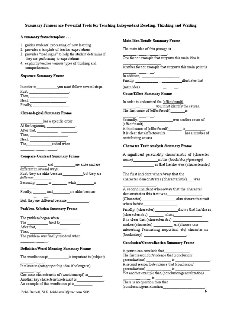 Summary Frames Are Powerful Tools For Teaching Independent Reading ...