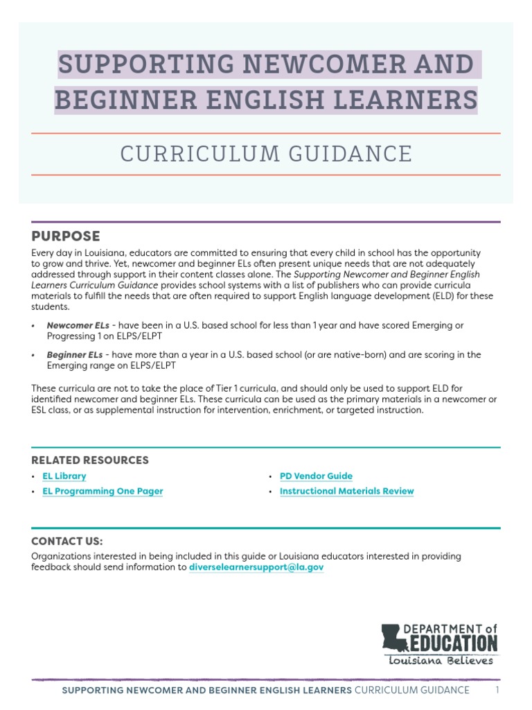 Supporting Newcomer and Beginner English Learners Curriculum Guidance ...