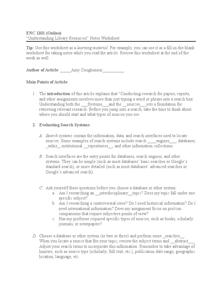 Understanding Library Sources Notes Worksheet | PDF | Databases | Libraries