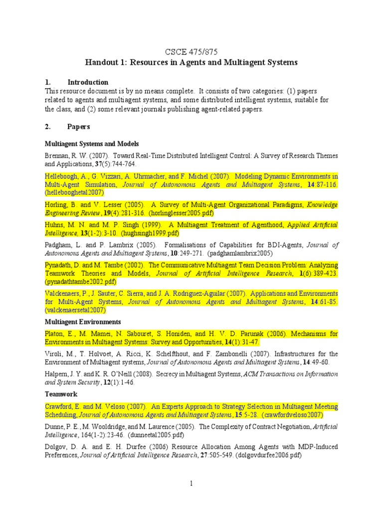 Handout 1: Resources in Agents and Multiagent Systems: CSCE 475/875 | PDF | Agent Based Model ...