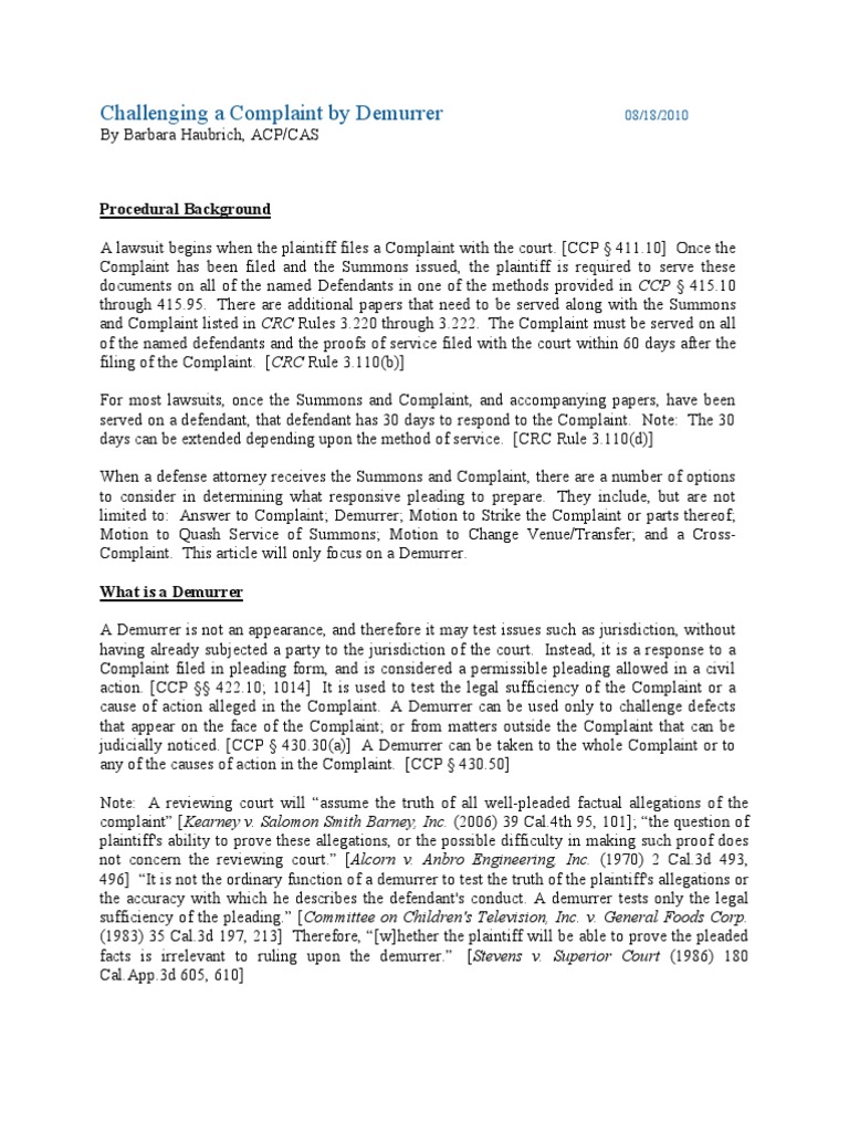 Understanding Demurrers in California | PDF | Demurrer | Pleading