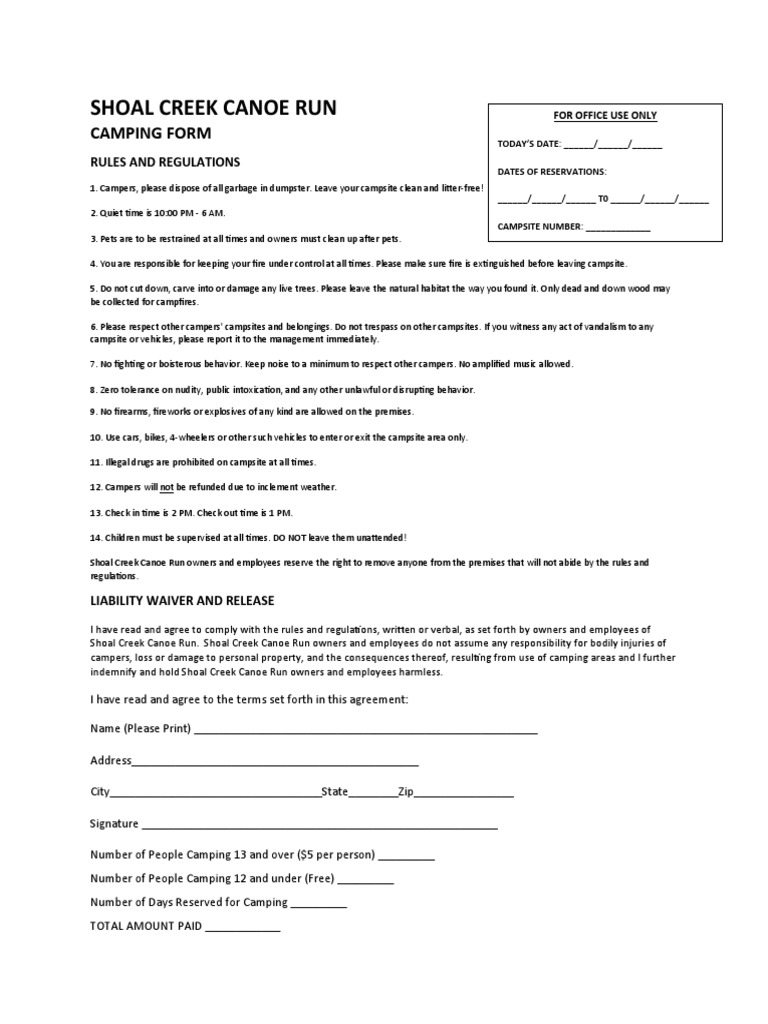 Shoal Creek Canoe Run Camping Form | PDF | Camping | Campsite