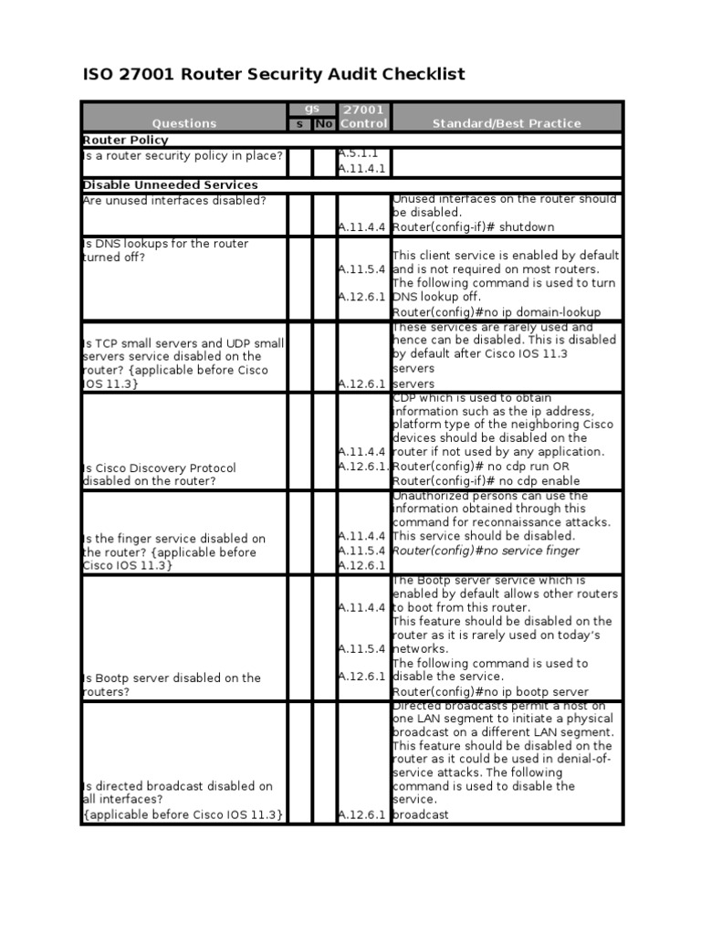 Iso 27001 Router Security Audit Checklist No Router Policy Ye S Pdf