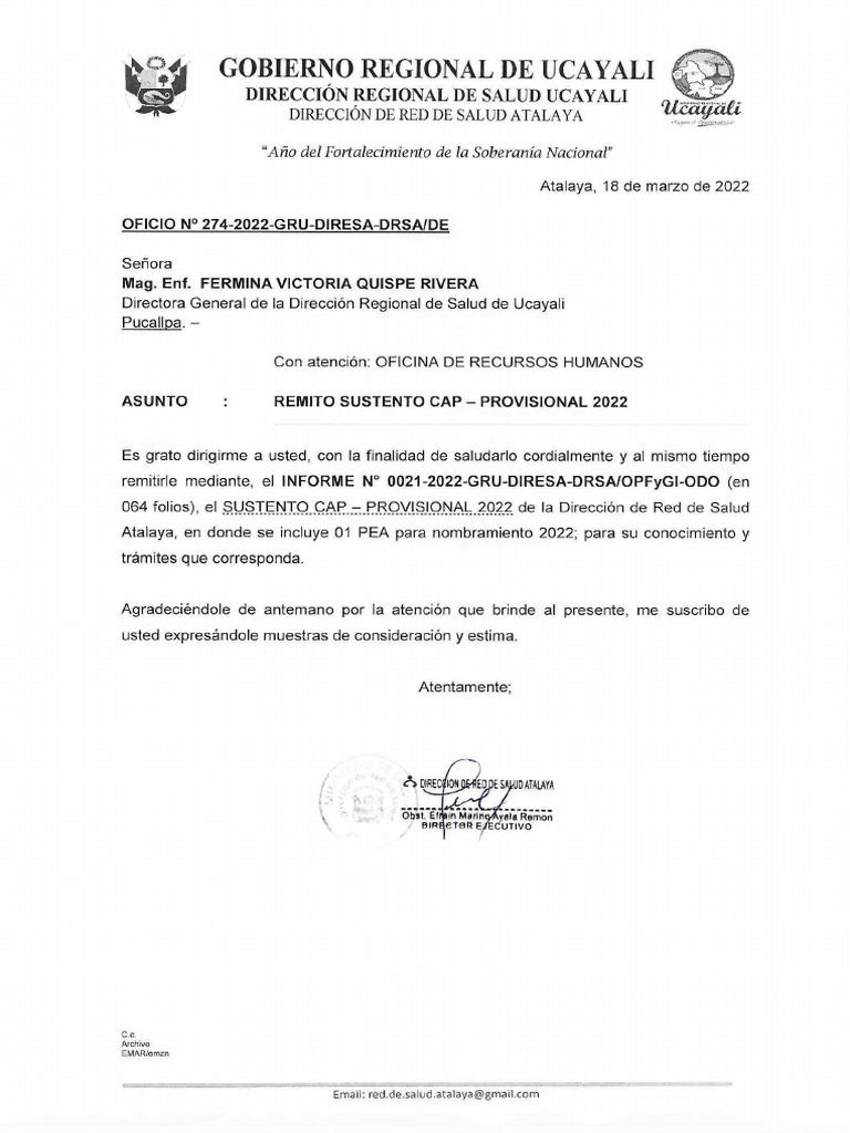 Oficio 274 Diresa - Sustento Cap - Provisional 2022 | PDF