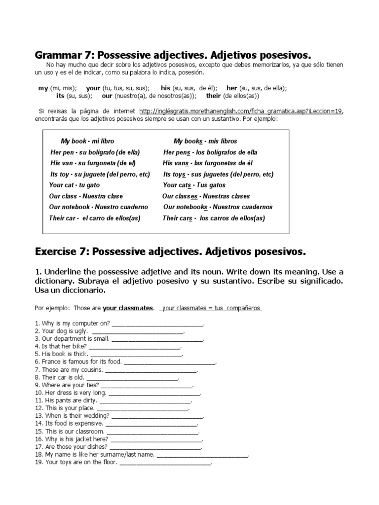 Spanish Possessive Adjectives Guide | PDF | Language Mechanics ...