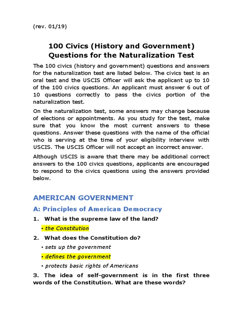 100 Civics (History and Government) Questions For The Naturalization ...