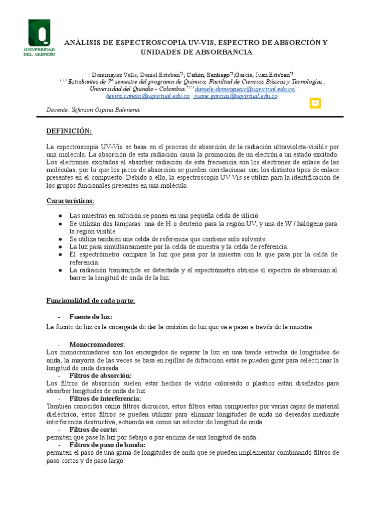 Análisis de Espectroscopia Uv-Vis, Espectro de Absorción y Unidades de ...