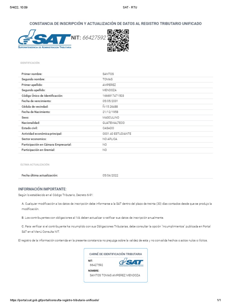 Portal SAT - Constancia de RTU Digital - Guatemala Santo | PDF
