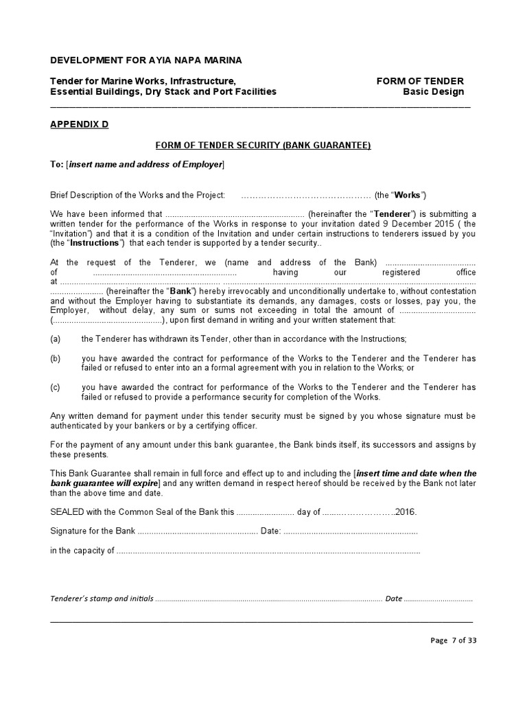 Volume 1.2.1 APPENDIX D FORM OF TENDER SECURITY Basic Design | PDF ...