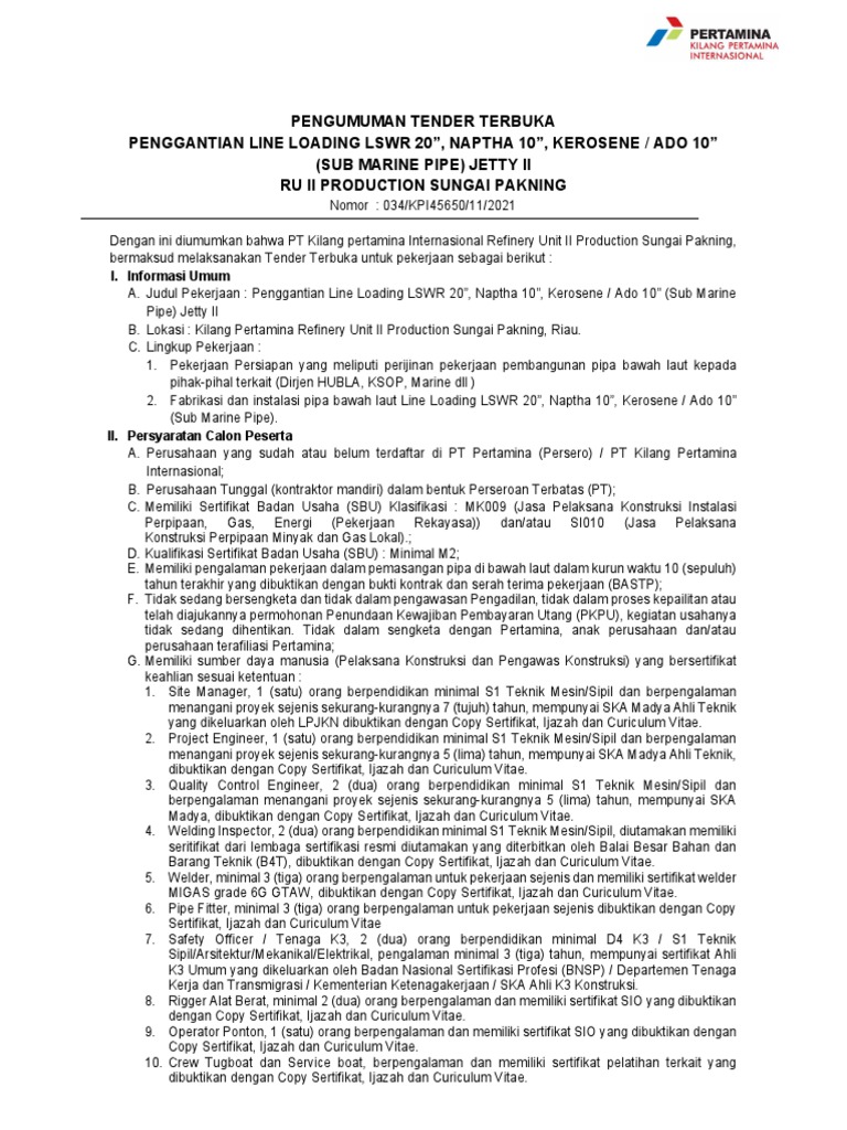 Pengumuman Tender Terbuka SPL Jetty II SPK Rev 3 | PDF
