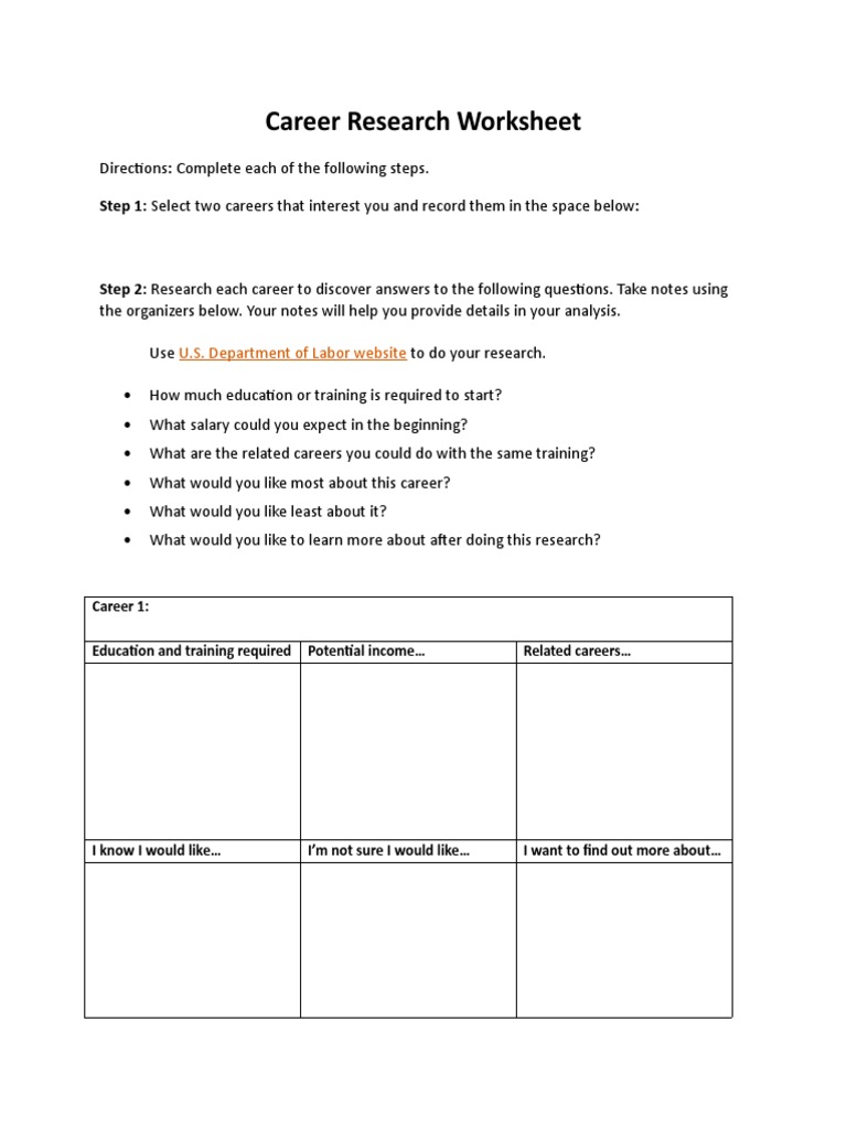 Career Research Worksheet | PDF