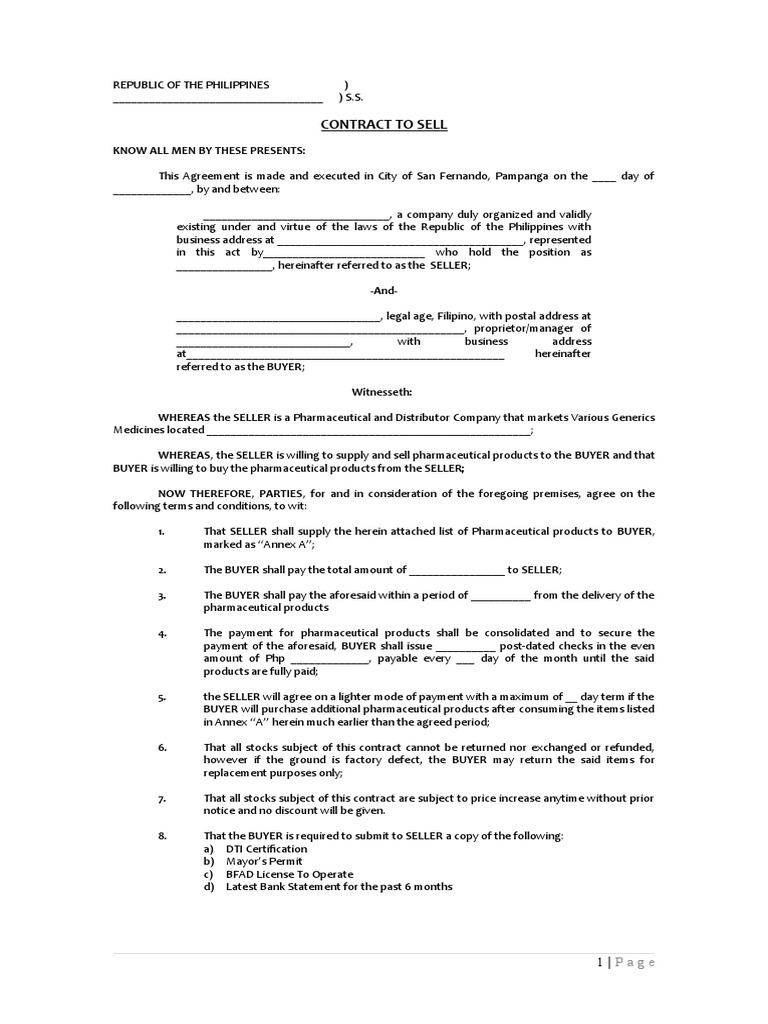 CONTRACT TO SELL Sample | PDF | Sales | Procurement