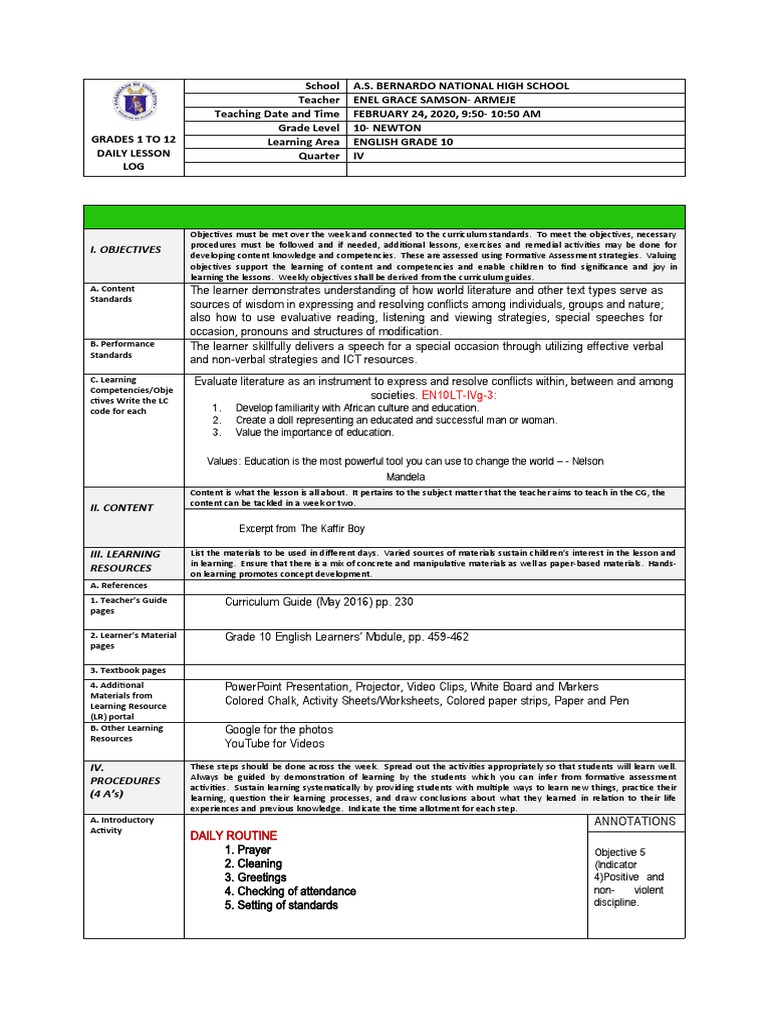 DLL English Grade 10 Cot 4 Feb. 24 | PDF | Learning | Curriculum
