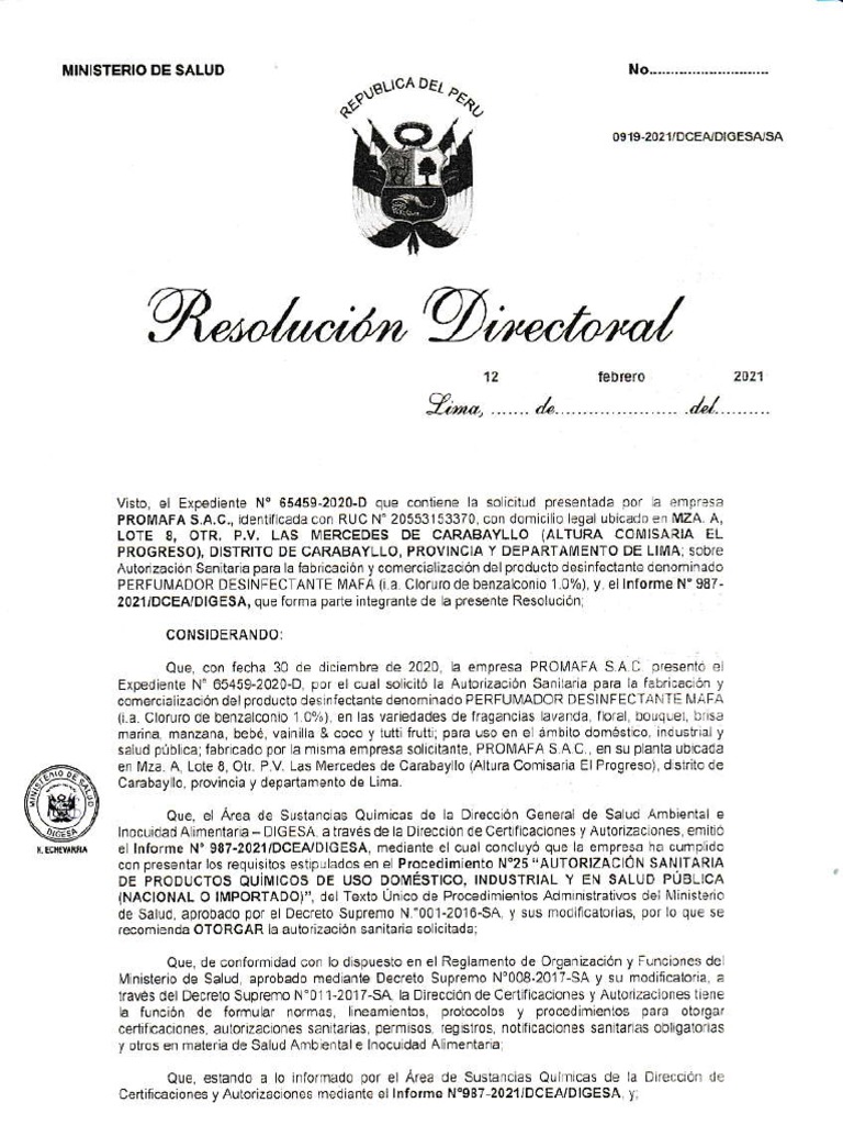 RD N 0919 2021 Dcea Digesa Sa Perfumador Desinfectante | PDF