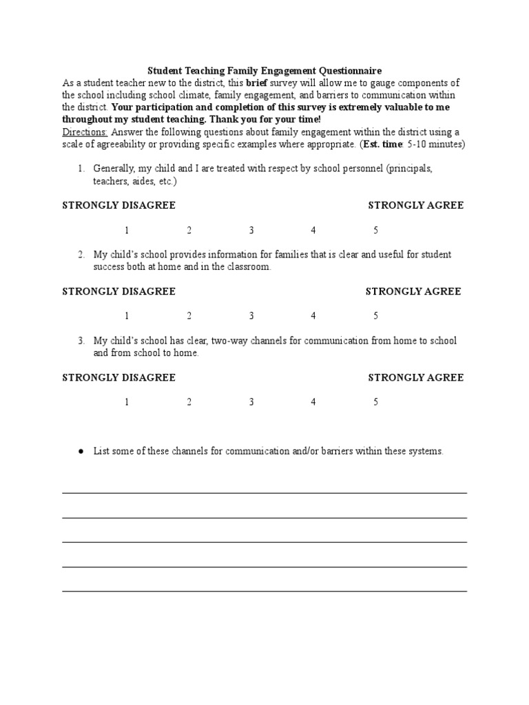 Family Engagement Survey for Parents | PDF | Teachers | Questionnaire