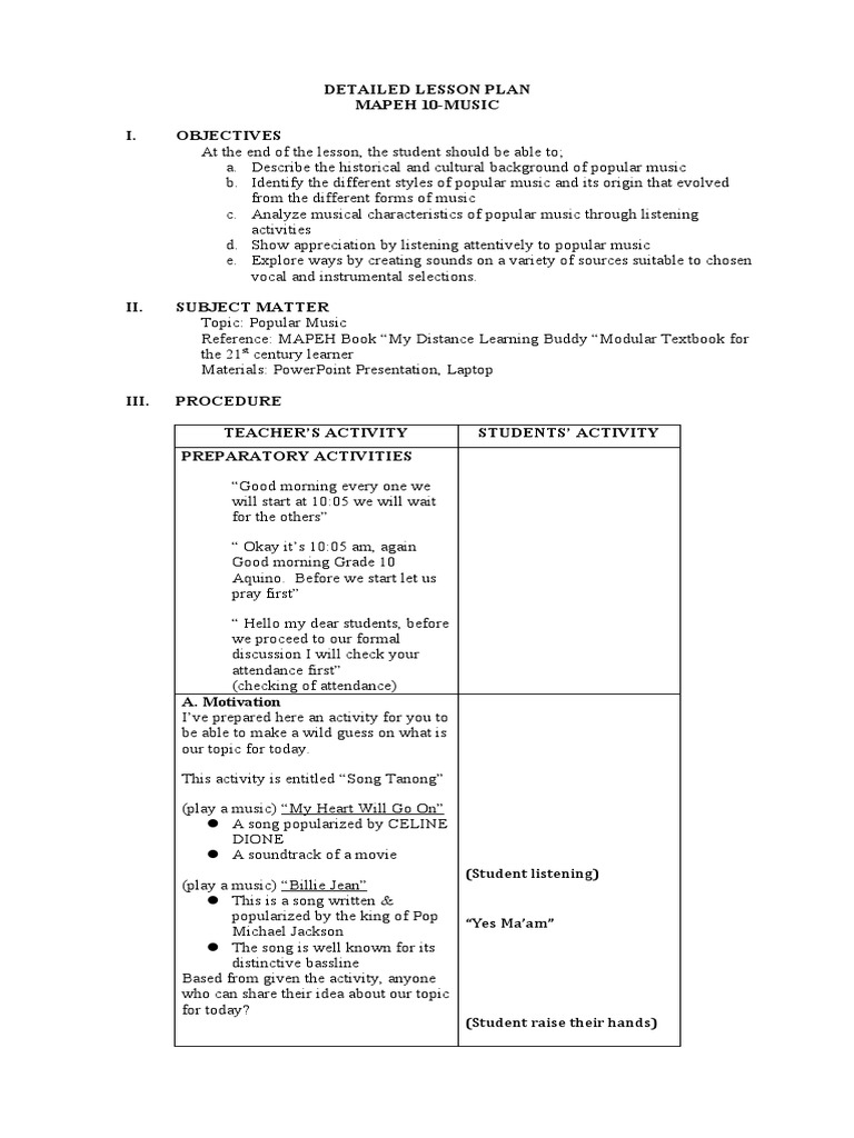 Detailed Lesson Plan Mapeh 10-Music I. Objectives | PDF | Rock Music ...