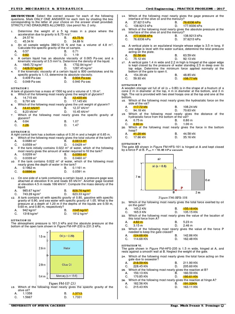 Fluid Mechanics & Hydraulics Civil Engineering - PRACTICE PROBLEMS ...