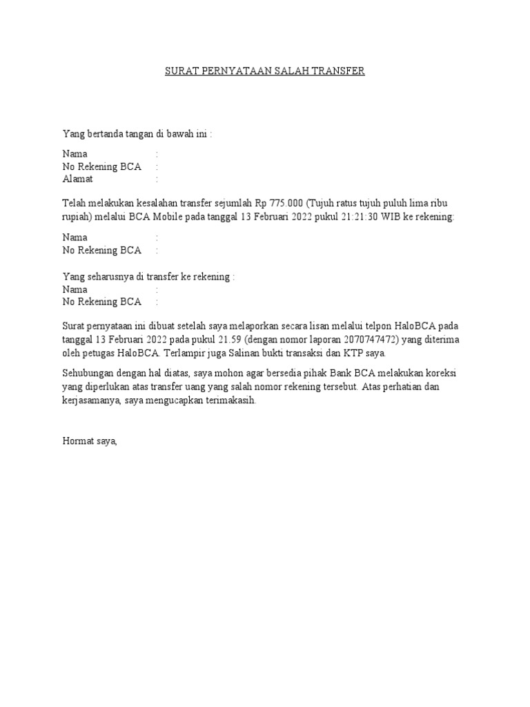 Surat Pernyataan Salah Transfer | PDF