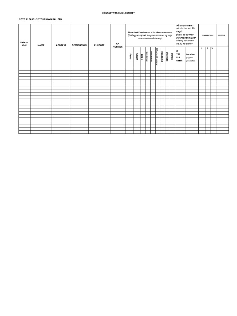 Contact Tracing Logsheet: History of Travel Within The Last 30 Days ...