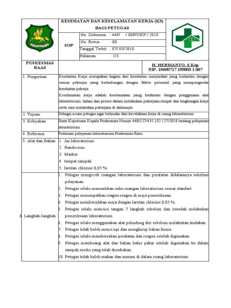 Ep 7 Sop Kesehatan Dan Keselamatan Kerja (K3) Bagi Petugas | PDF