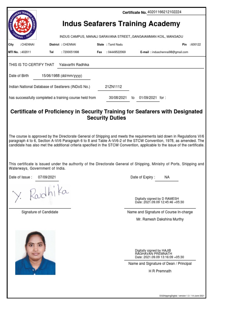 Radhika STCW - STSDSD Certificate | PDF