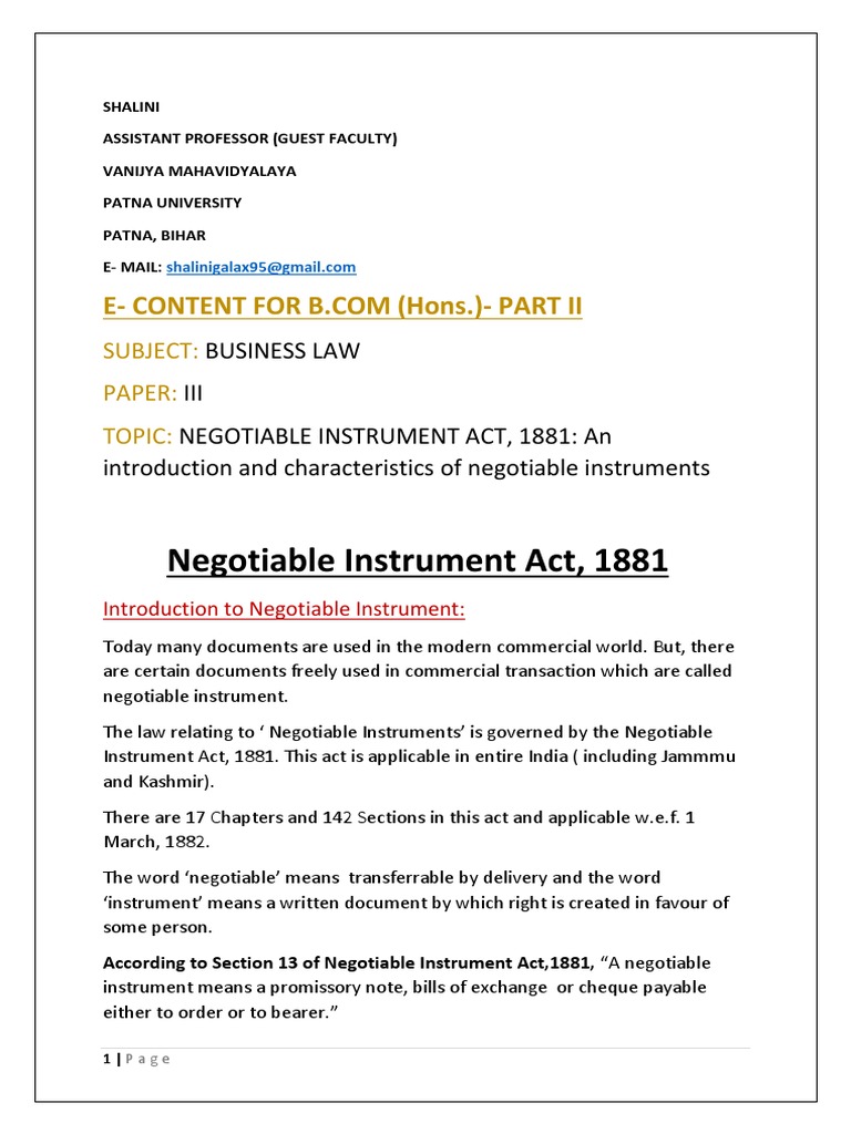 Introduction to Negotiable Instruments: Characteristics and Examples | PDF | Negotiable ...