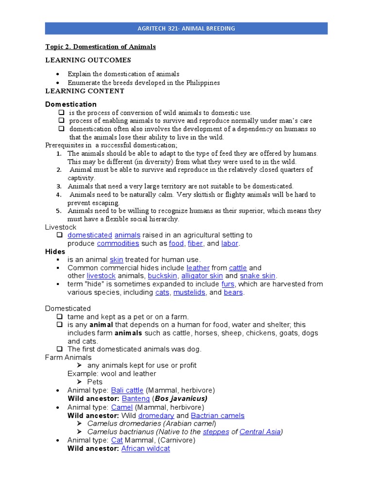 Topic 2. Domestication of Animals Learning Outcomes | PDF ...