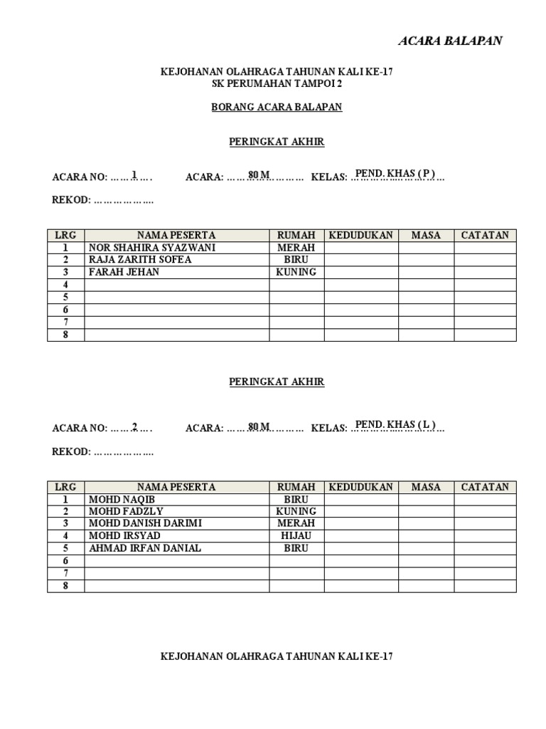 Borang Acara Balapan | PDF