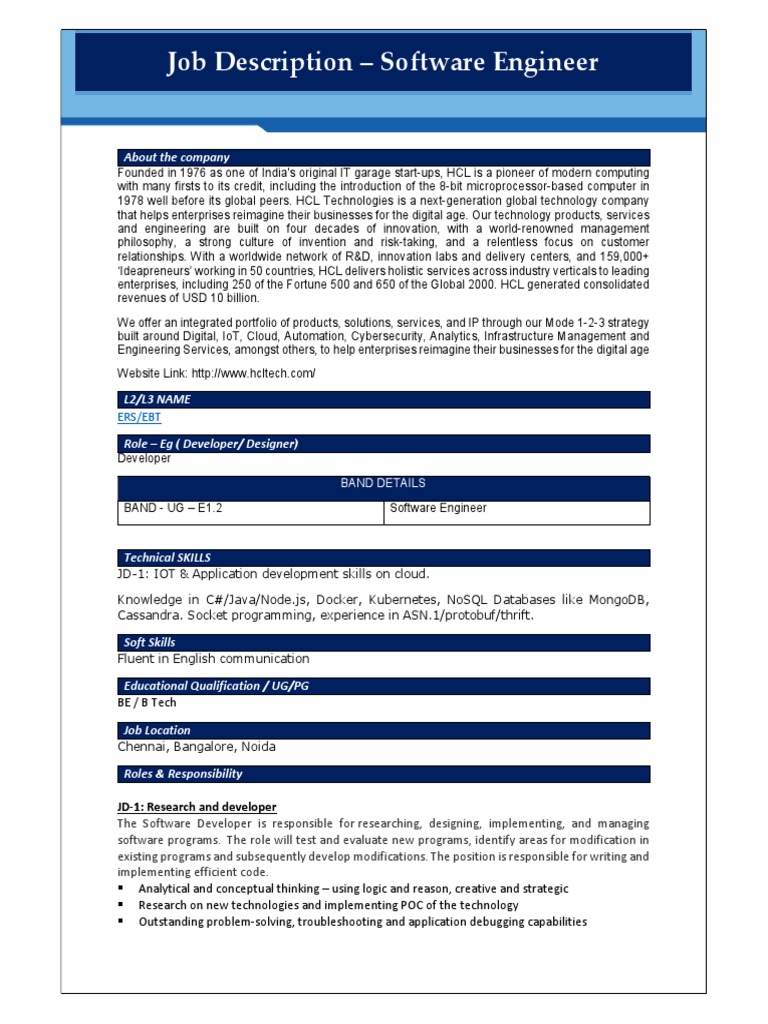 Job Description - Software Engineer: About The Company | PDF | Internet ...