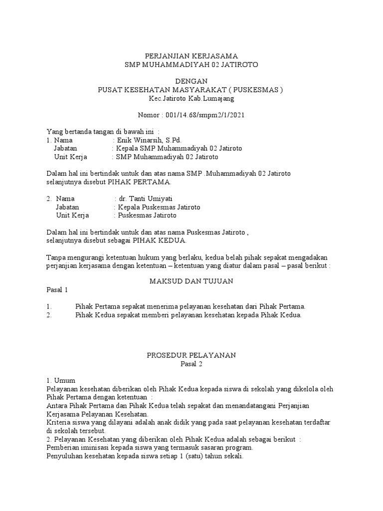 Perjanjian Kerjasama Smp Dengan Puskesmas Pdf
