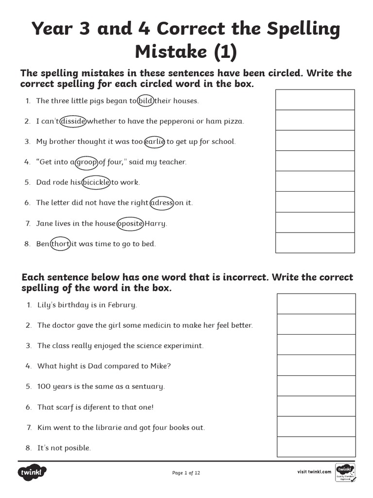 Year 3 and 4 Correct The Spelling Mistake | PDF