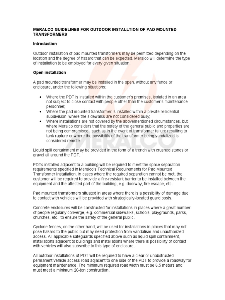 Meralco Guidelines for Pad Mounted Transformers | PDF | Transformer ...