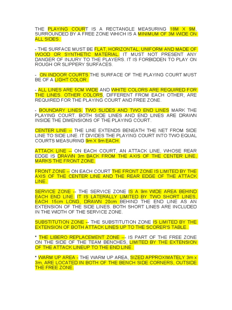 The Playing Court Is A Rectangle Measuring 18m X 9 | PDF | Volleyball ...