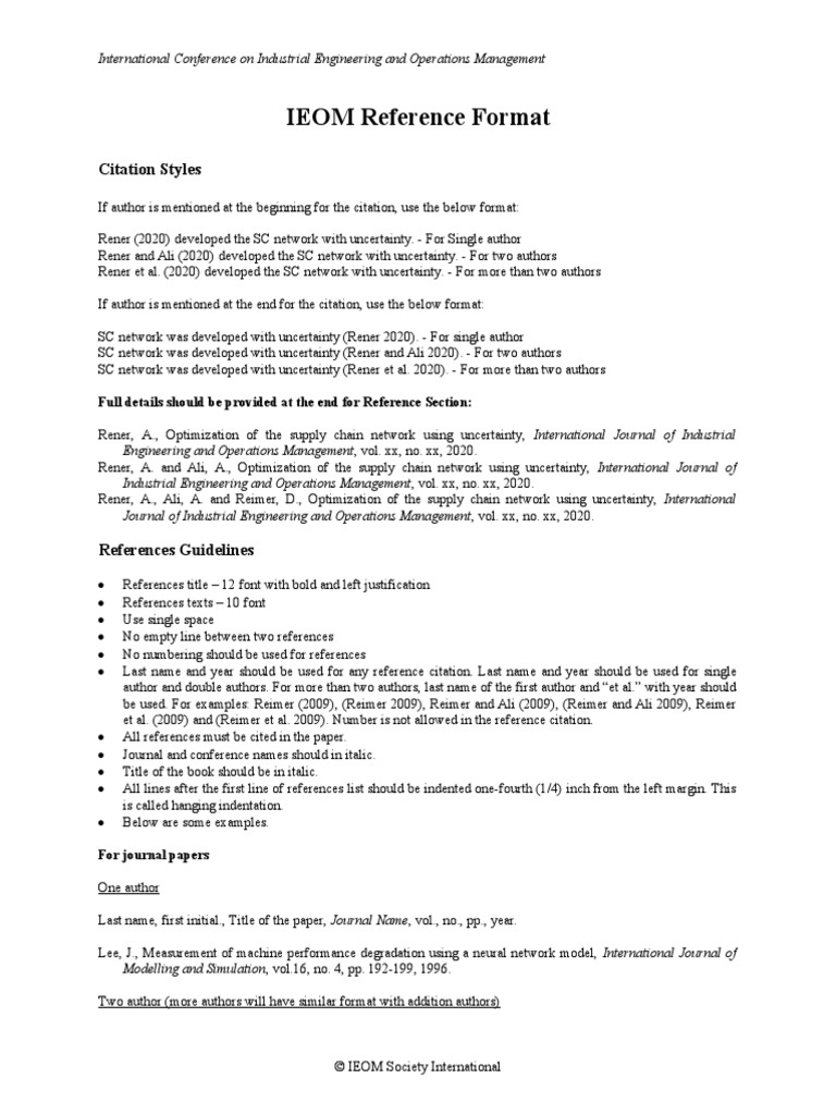 IEOM Reference Format: Citation Styles | PDF | Industrial Engineering ...