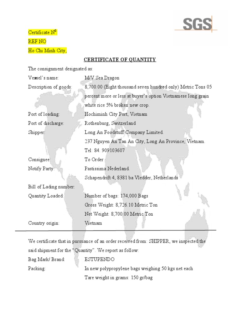 Certificate Of Quality And Quantity