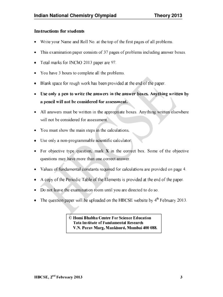 INCHO Solved Paper 2013 | PDF