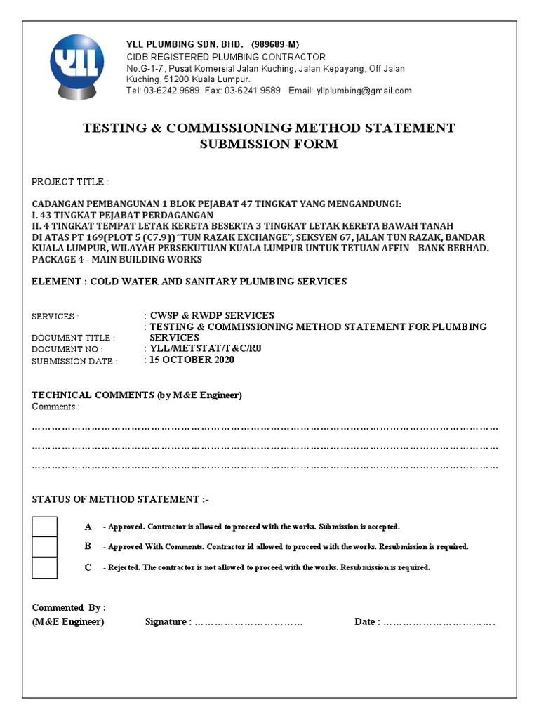 Method Statement Testing And Commissioning Pdf