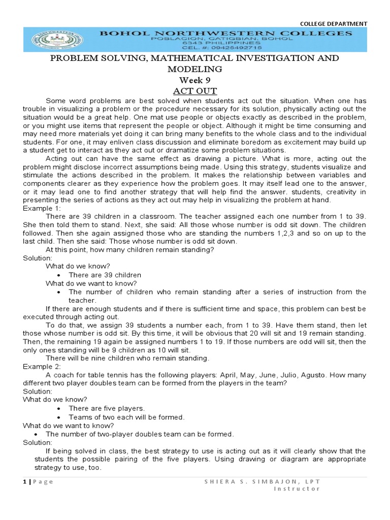 Problem Solving, Mathematical Investigation and Modeling Week 9 Act Out | PDF