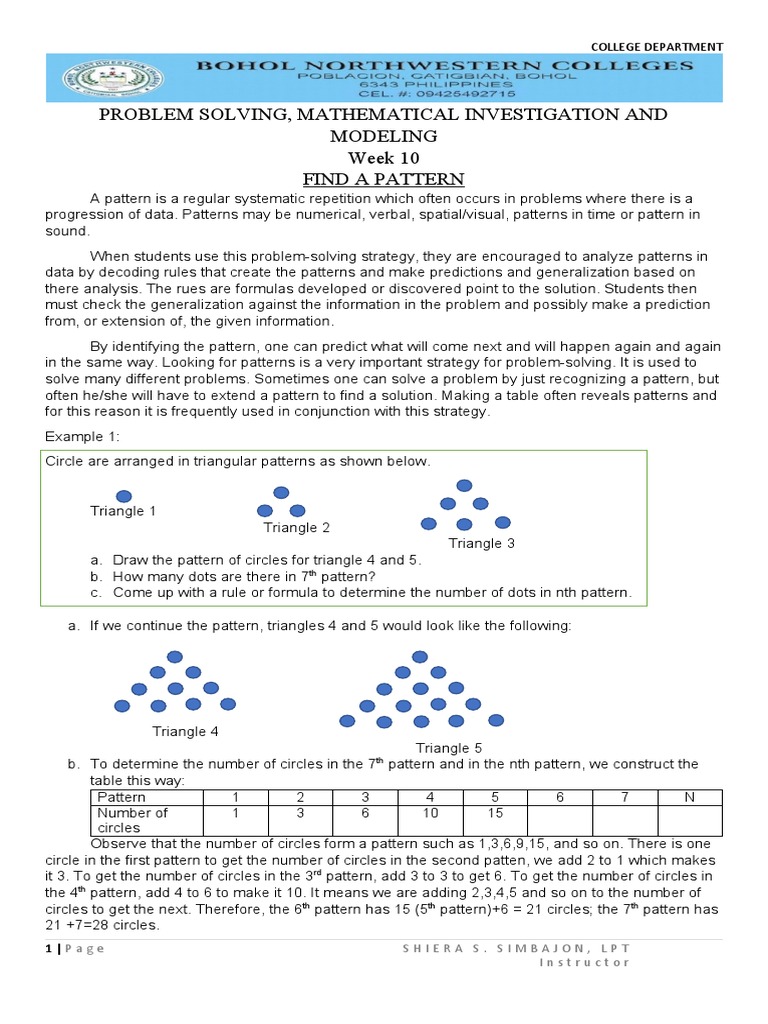 Problem Solving, Mathematical Investigation and Modeling Week 10 Find A ...