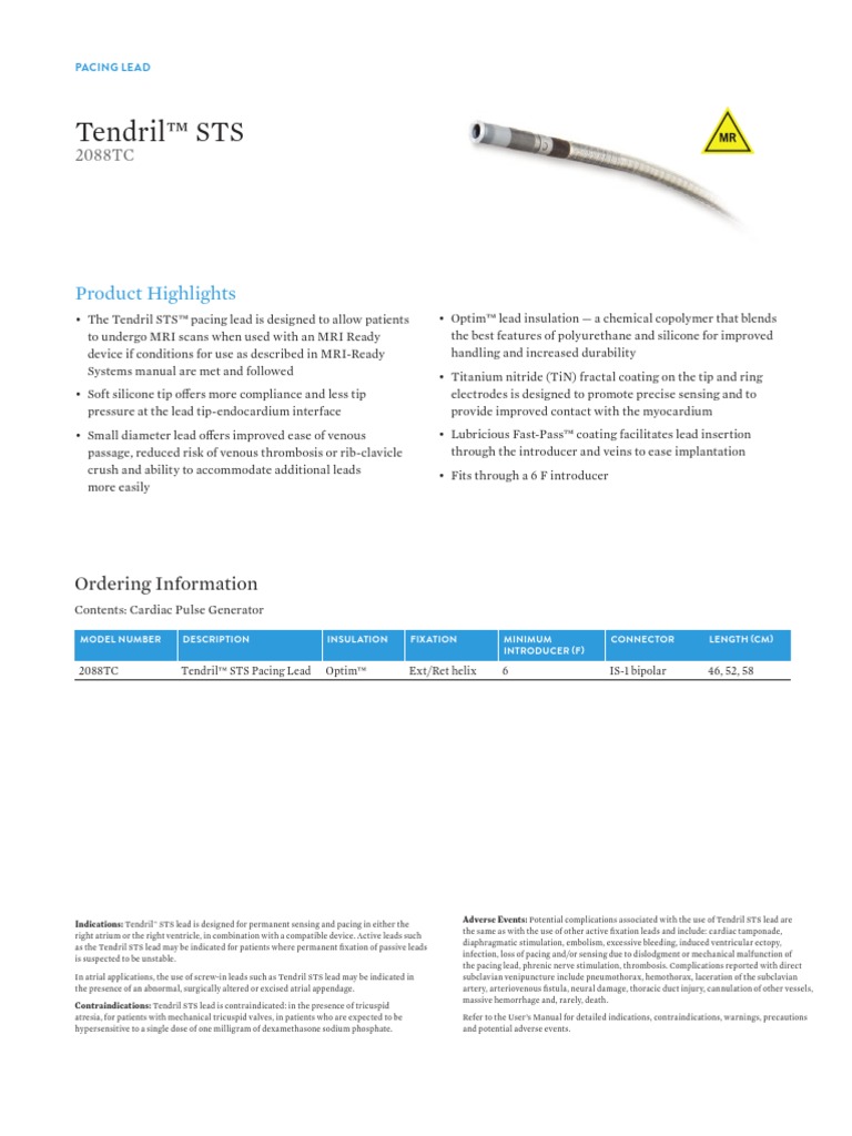 CRM Tendril Sts Pacing Lead Catalog | PDF | Artificial Cardiac ...