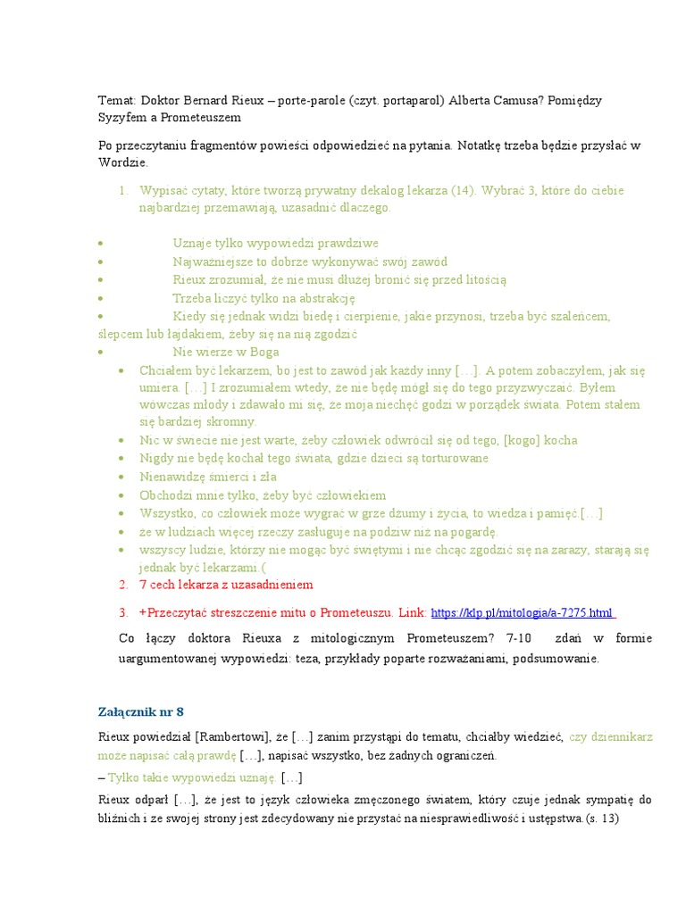 Karta Pracy Bernard Rieux 2022 | PDF