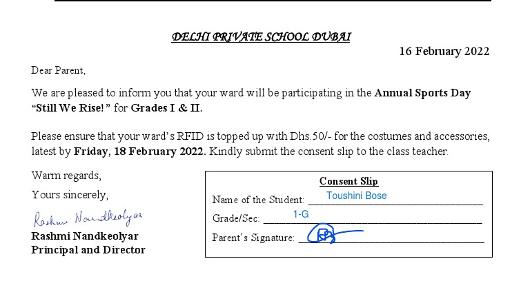 Annual Sports Day Consent Toushini | PDF