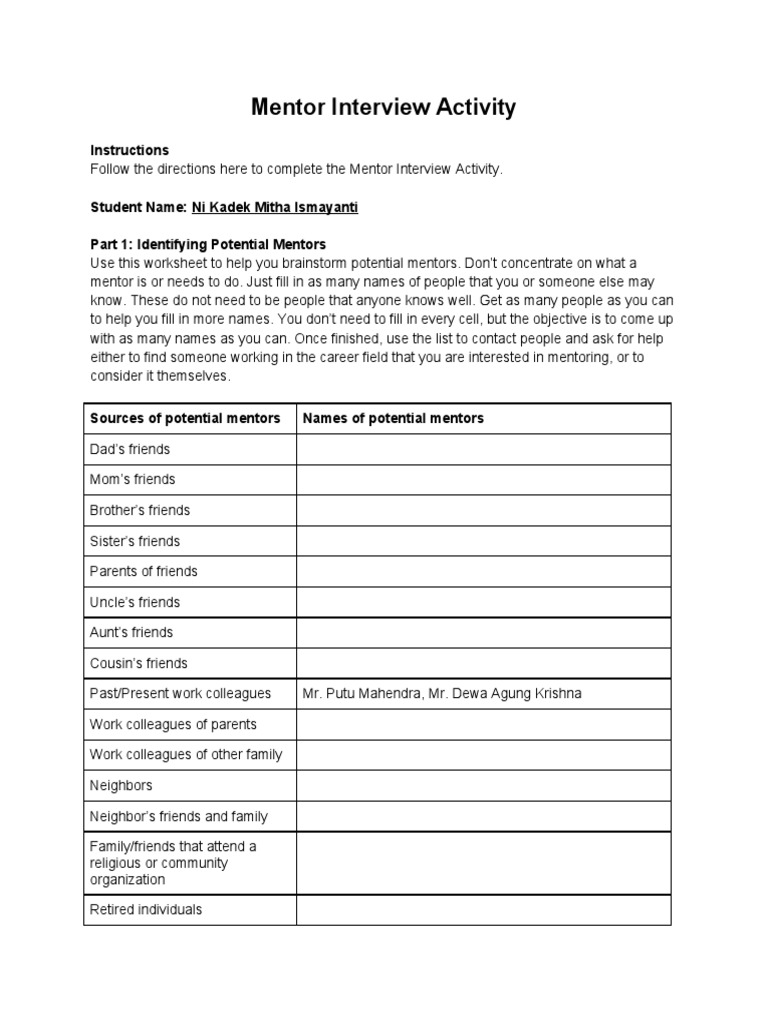 Mentor Interview Activity: Instructions | PDF | Mentorship | Expert