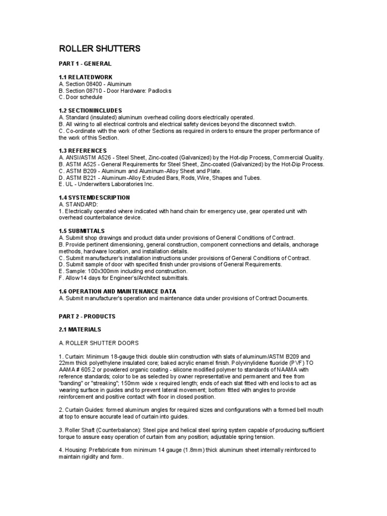 Roller Shutter Specifications and Details | PDF | Door | Electric Motor