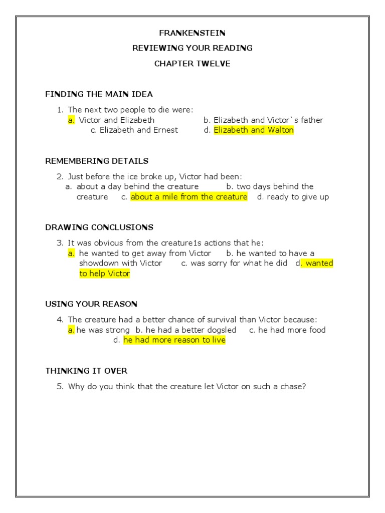 "Frankenstein Chapter 12 Study Guide" | PDF