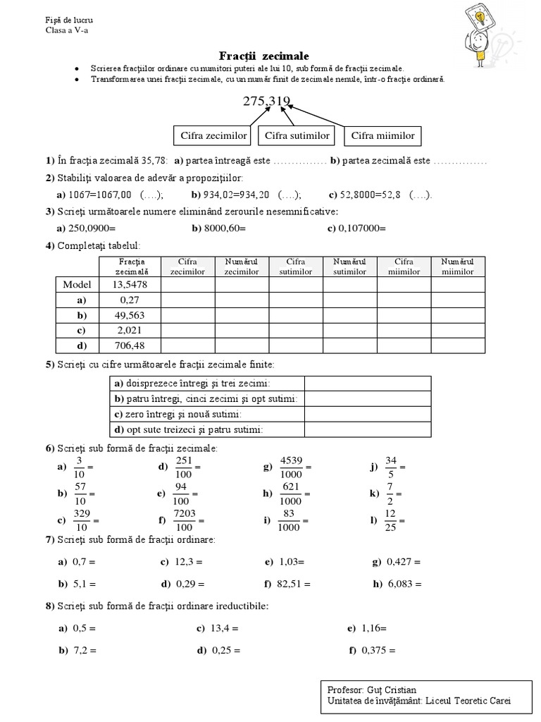 Fractii Zecimale Fisa de Lucru | PDF