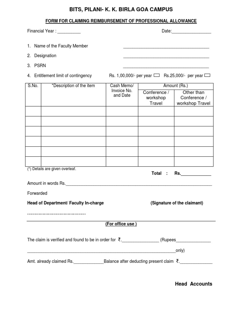 Bits, Pilani-K. K. Birla Goa Campus: Form For Claiming Reimbursement of ...