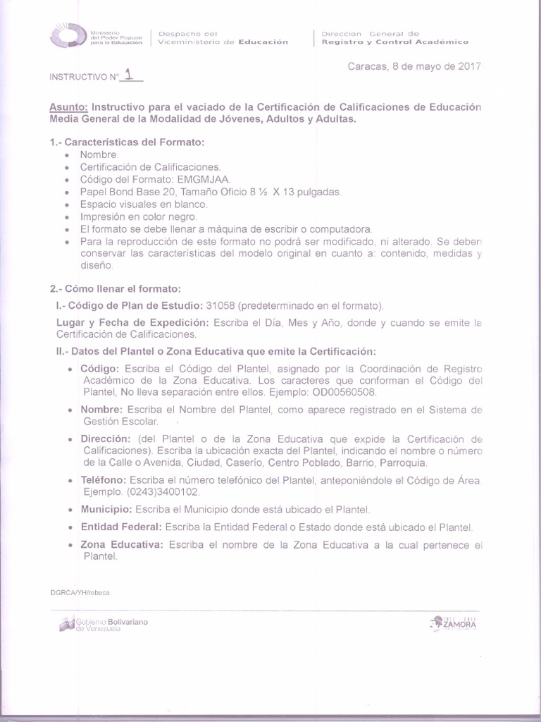 INSTRUCTIVO N┬ 1 CERTIFICACI├УN DE CALIFICACIONES 2016-2017 | PDF