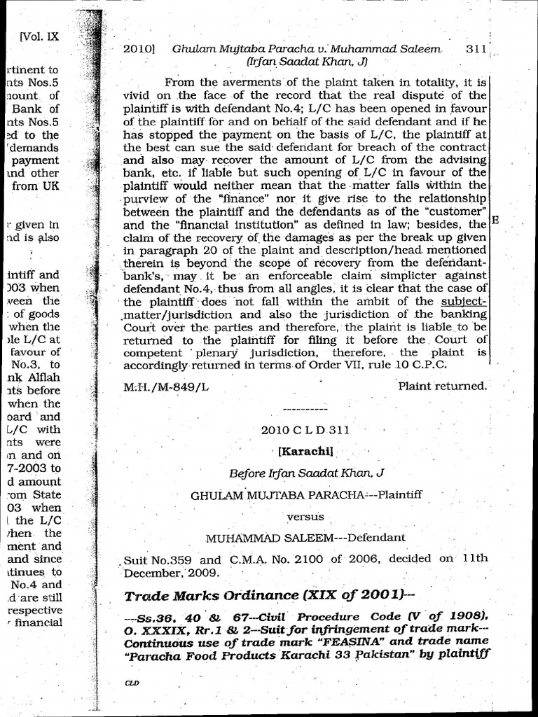 Ghulam Mujtaba Paracha v. Muhammad Saleem (Irjan Saadat Khan, J) | PDF ...