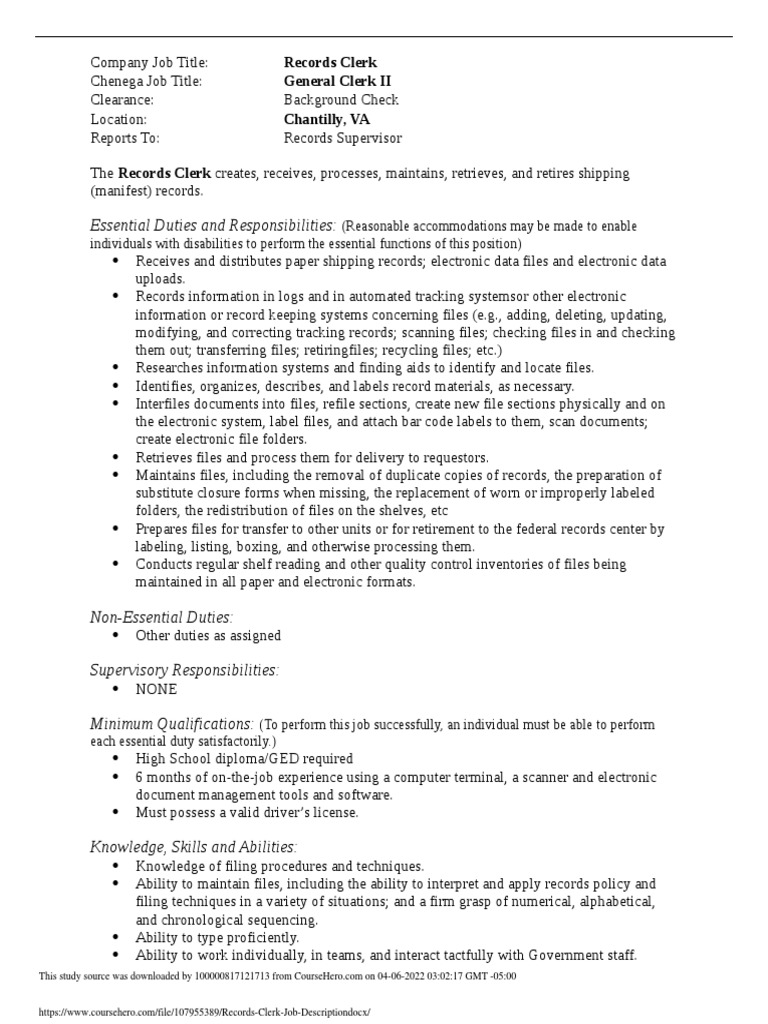 Records Clerk Job Description | PDF | Computer File | Records Management